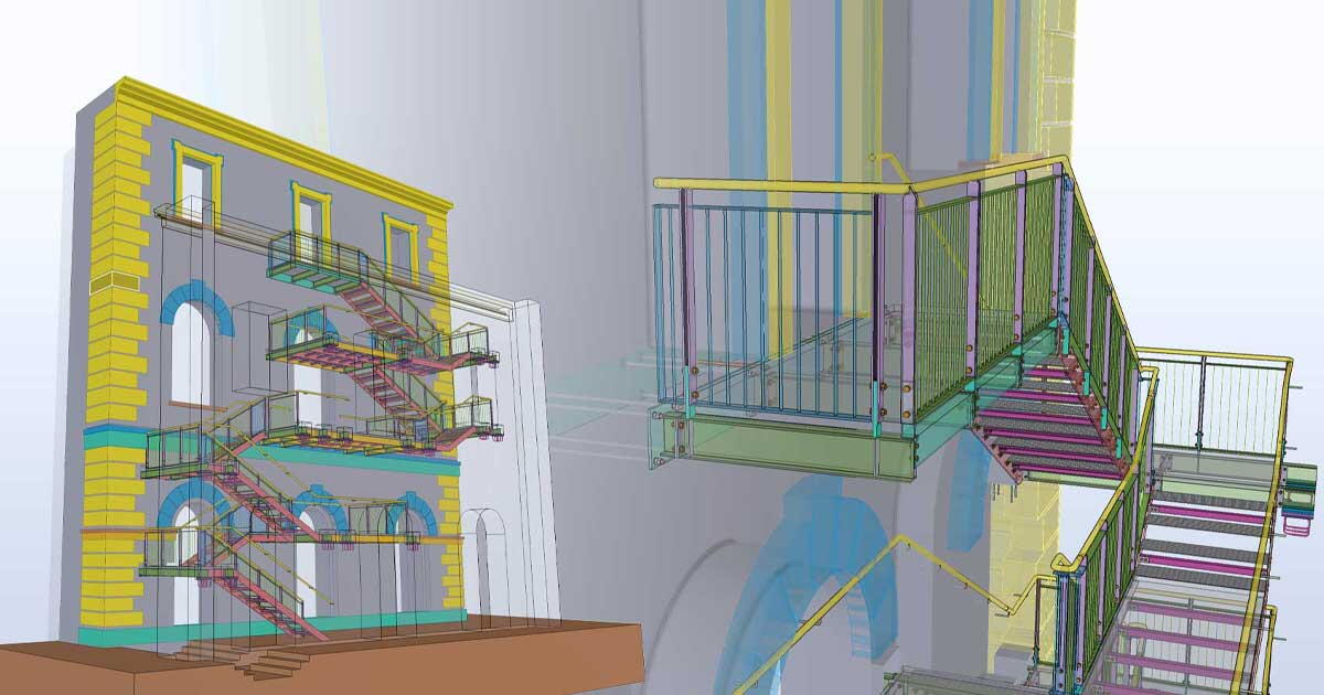 Metal staircase connecting the buildings of the former tobacco factory ...